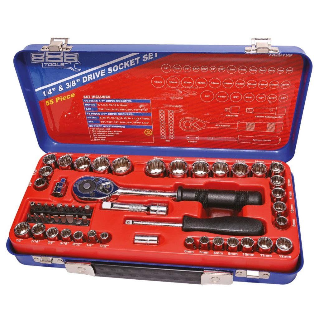 888 Tools T820199 by SP Tools Socket Set 1/4" & 3/8" Drive 12 Point 55 ...