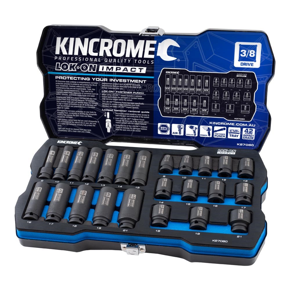 Kincrome K27080 LOK-ON Standard & Deep Impact Socket Set 24 Piece 3/8 ...
