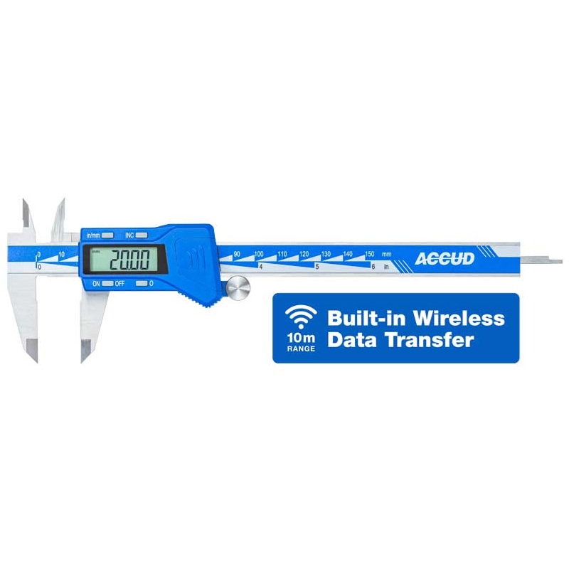 Accud AC-111-006-18W 150mm 6" Dual Scale Digital Caliper with Built-In Wireless Data Transmitter ...